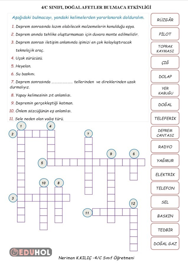 Doğal Afetler Bulmaca Etkinliğ... | Eduhol - Ders Videoları İzle Online ...